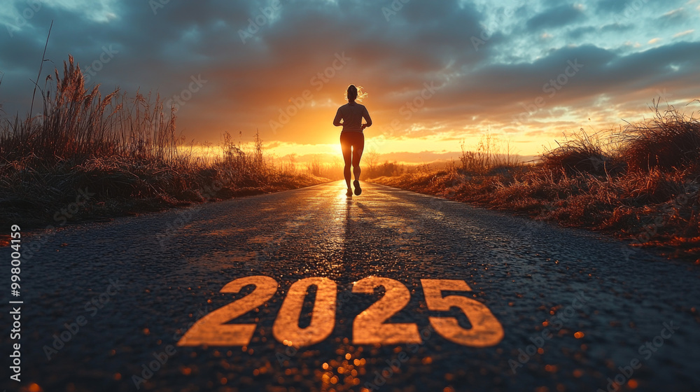 A female runner poised at the start position on a rural road at dawn ...