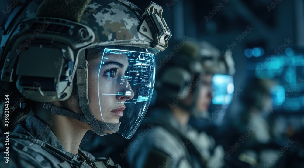 An advanced military base with soldiers wearing smart helmets ...