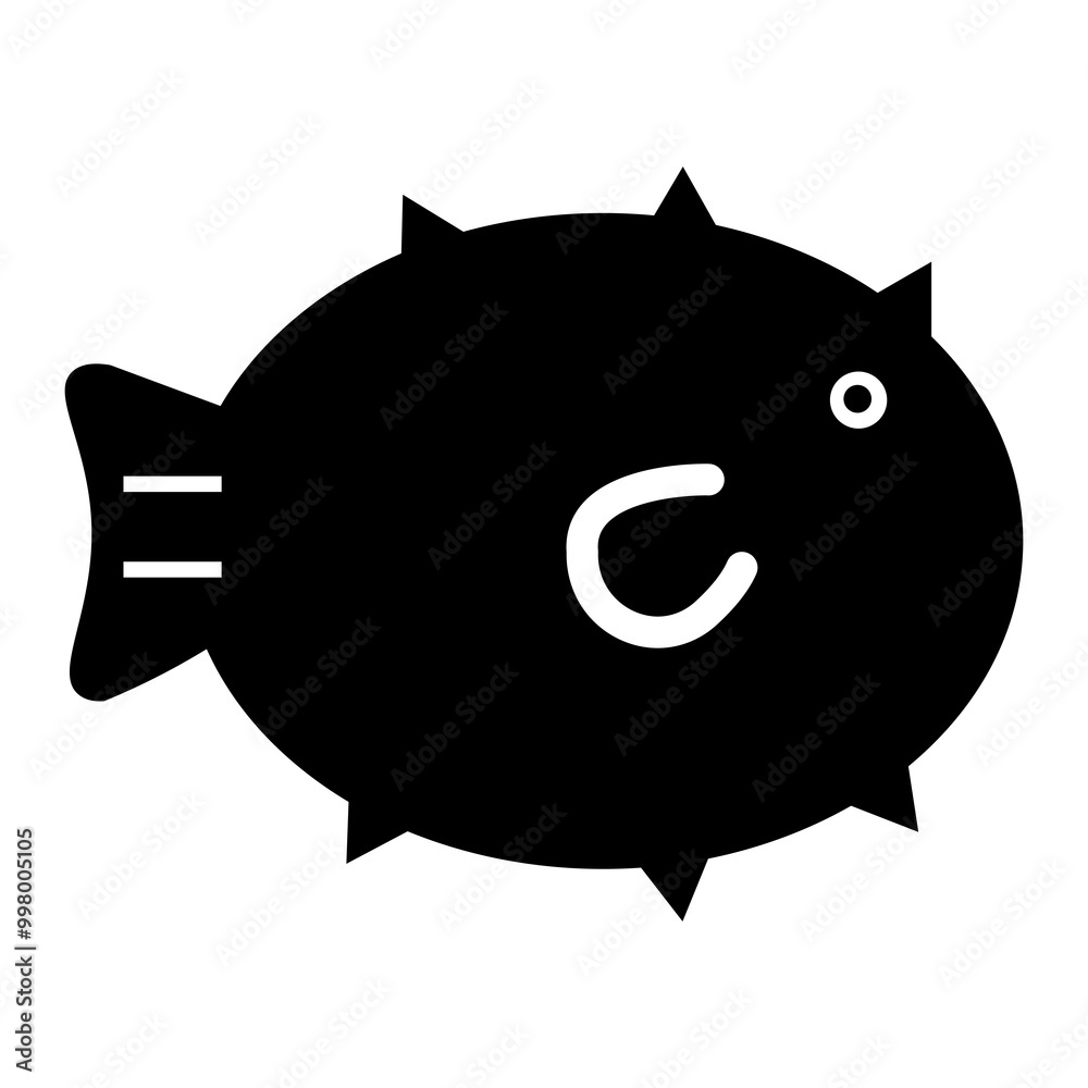 Round fish with spikes, simple black silhouette, representing a ...