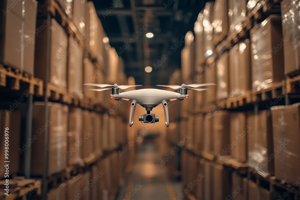 Drone flying between shelves in a warehouse filled with packages ...