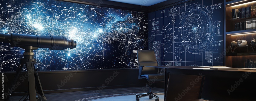 Home office with a deep-space observatory theme, featuring wall-to-wall ...