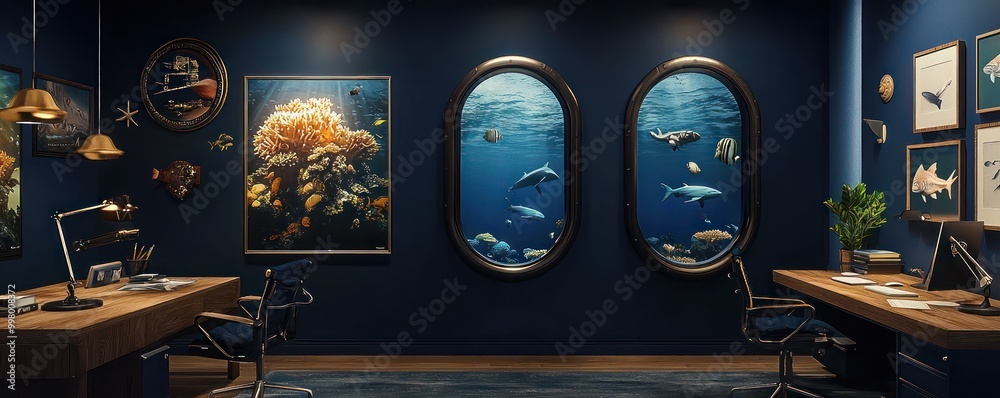 Home office with a deep ocean theme, featuring dark blue walls ...