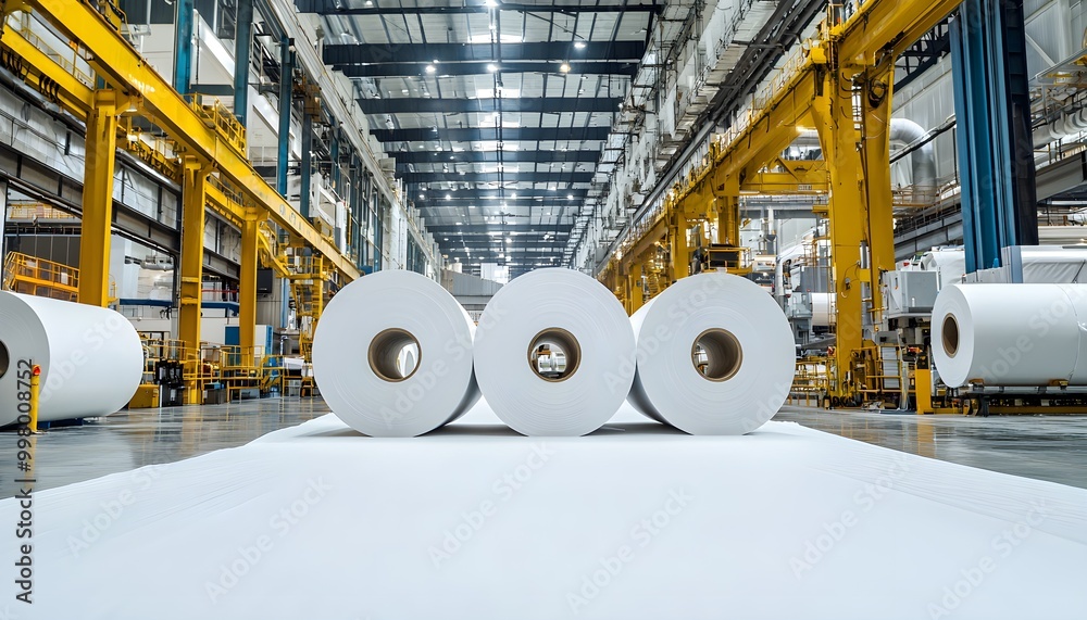 Large rolls of paper being produced in a paper mill, paper production ...