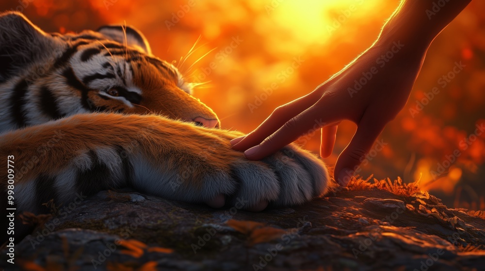 Human Hand Touching Tiger Paw at Sunset - Symbol of Trust and ...