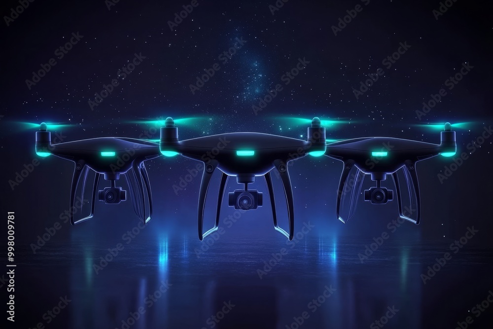 Group of drones with blue lights hovering in a futuristic setting ...