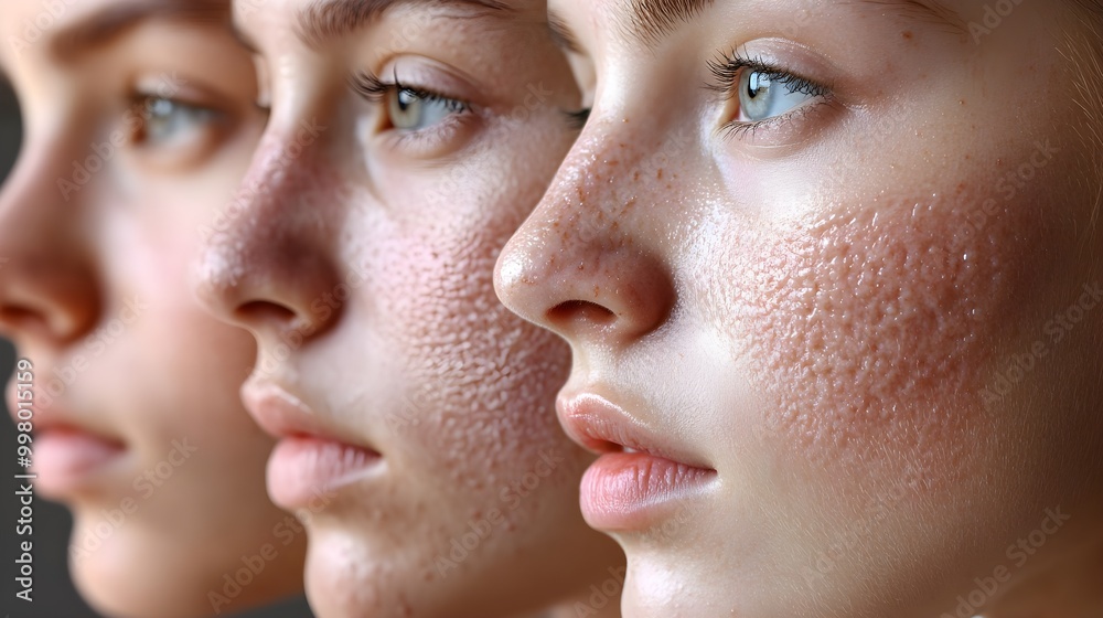 Zoomed-in image of facial skin showing acne scars fading over time ...