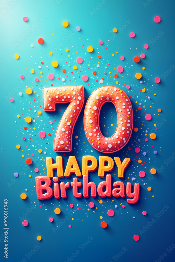 70th birthday card. Vibrant blue background adorned with colorful polka ...