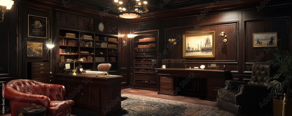 Home office with a modern speakeasy theme, featuring dark wood paneling ...