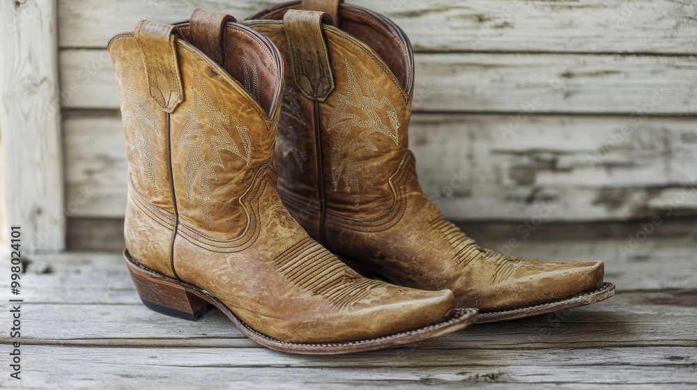 Distressed tan cowboy boots with scuffed toes and worn leather on a ...