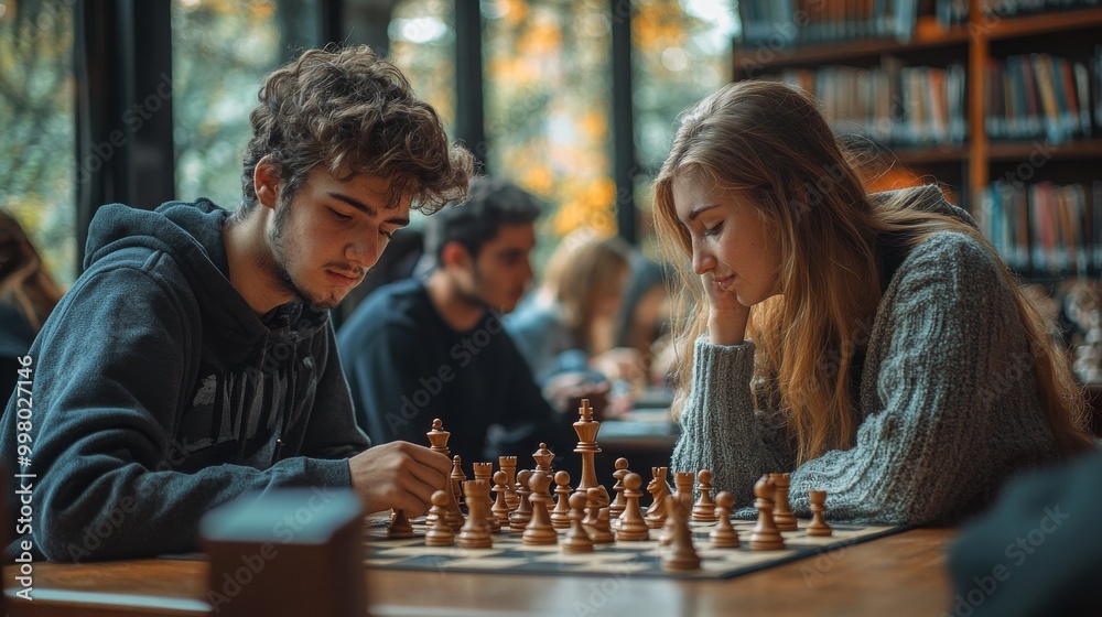 High School Students Engaged in a Chess Match in a Busy Library Setting ...