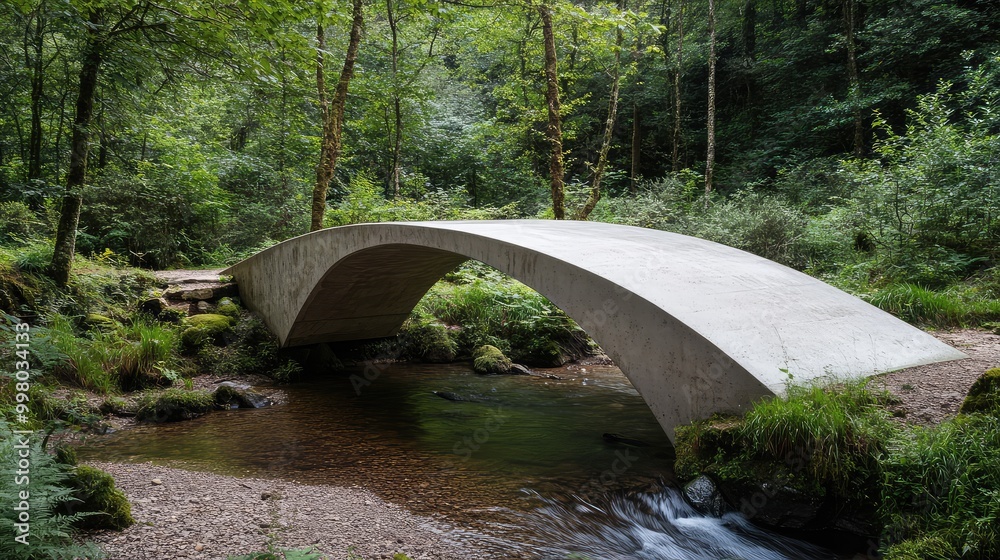 A smooth pedestrian bridge design, slightly arched over a narrow stream ...