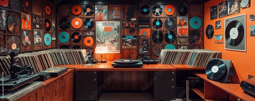 Home office with a vintage record store theme, featuring walls lined ...