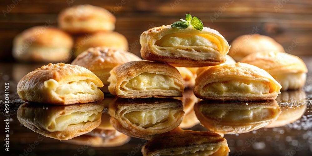 Flaky pastry cookies filled with sweet cheese in rustic Polish chata ...