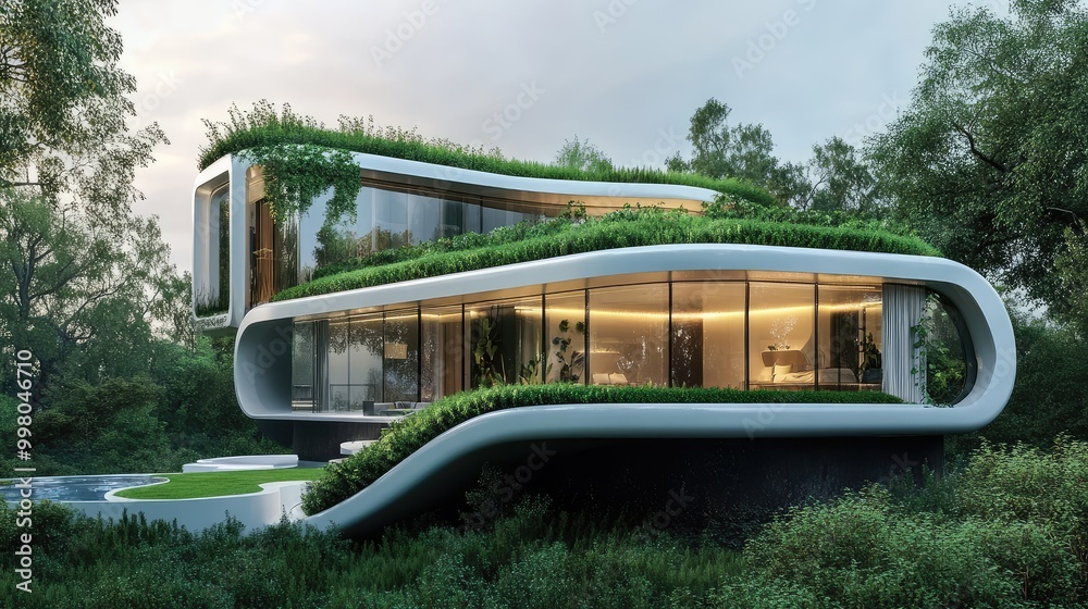 Futuristic house with rooftop greenery and oxygen-enclosing tubes ...