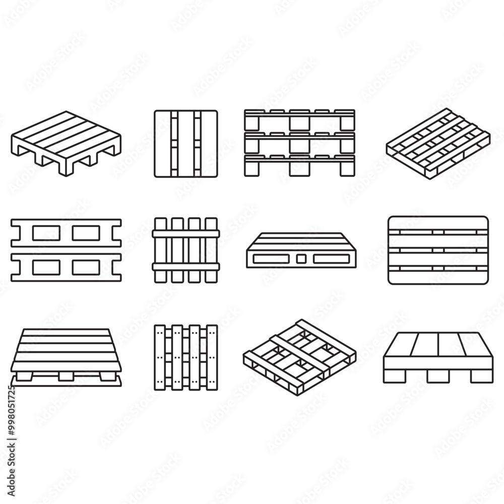 Pallet icon set. Thin line vector. Contains various pallet shapes ...