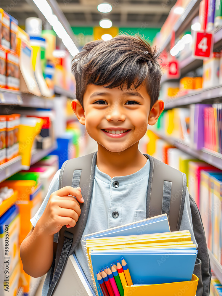 School boy holds markers, stationery store, books ready for school ...