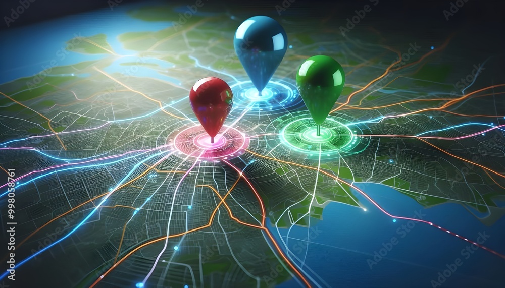 A detailed map displaying a specific location marked with two vibrant ...