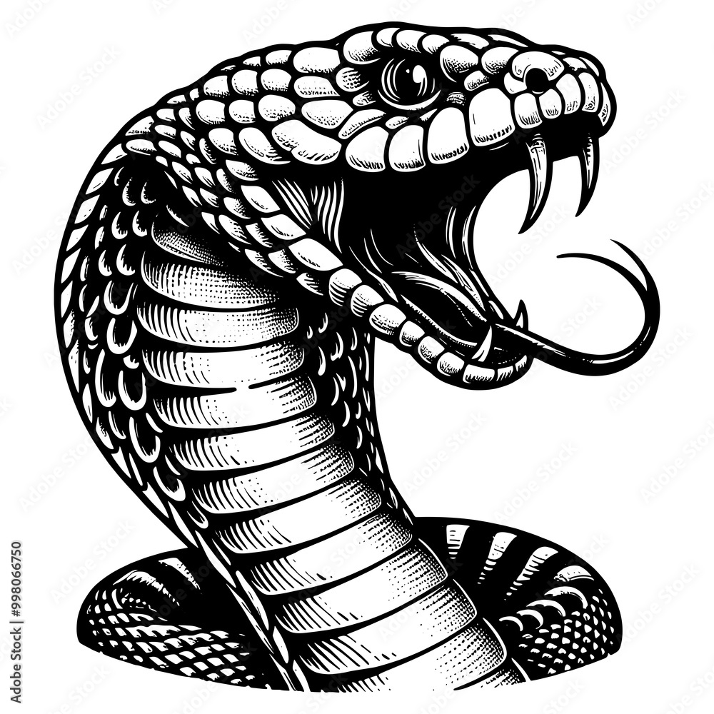 hissing cobra with fangs bared and tongue out. Tattoo design. Menacing ...