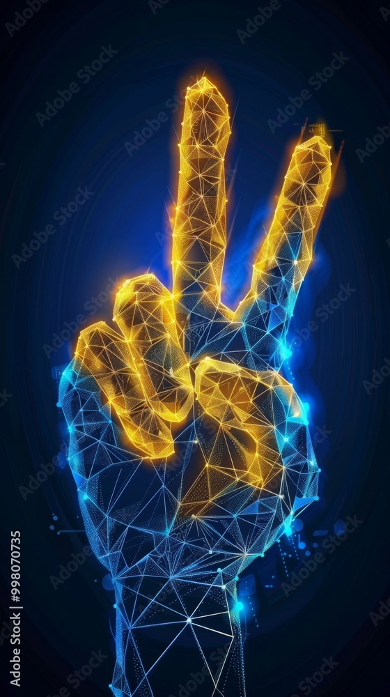 hand Peace Sign in low poly wireframe, global unity, technological ...