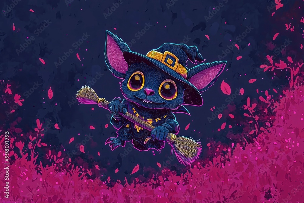 Cute Witch Cat Flying on a Broom with a Magical Background Stock ...