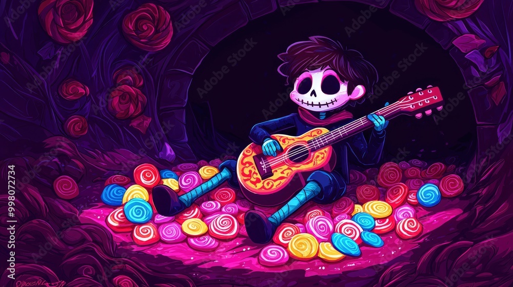 Skeleton Guitarist Playing Music in a Cave Filled with Candy Stock ...