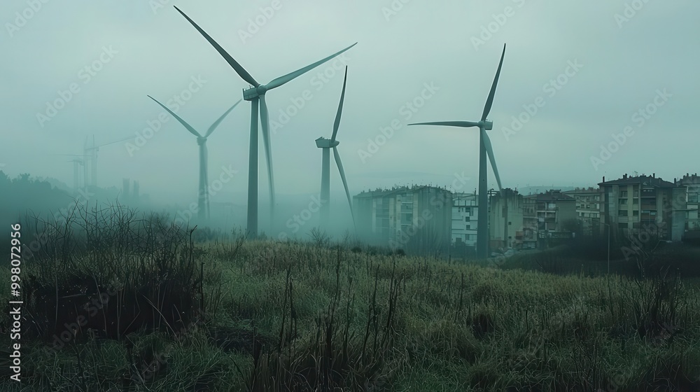 Wind turbines spinning on the outskirts of a city symbolizing the shift ...