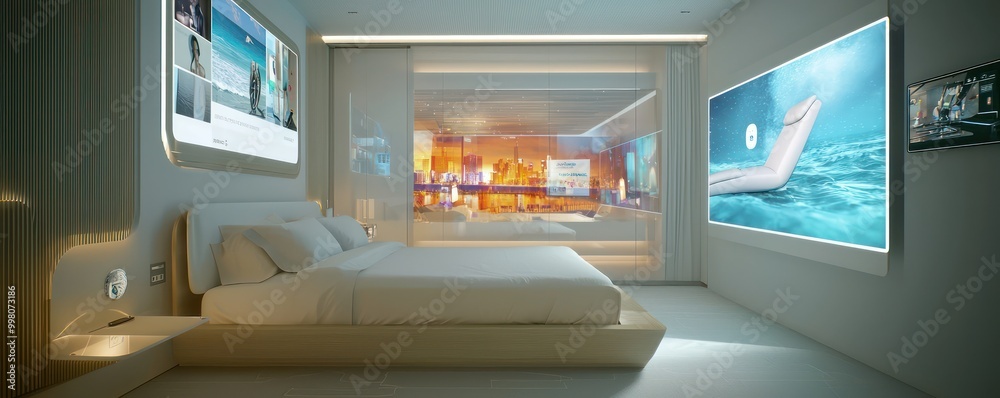 A guest room with digital walls that guests can customize with personal ...