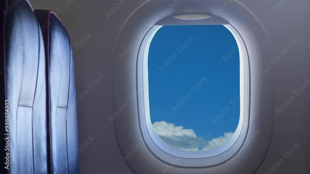 video illustration of an airplane window from an open passenger seat ...