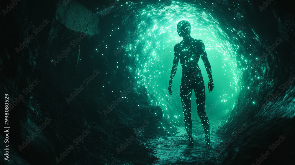 Glowing underground alien with bioluminescent patterns on its body ...
