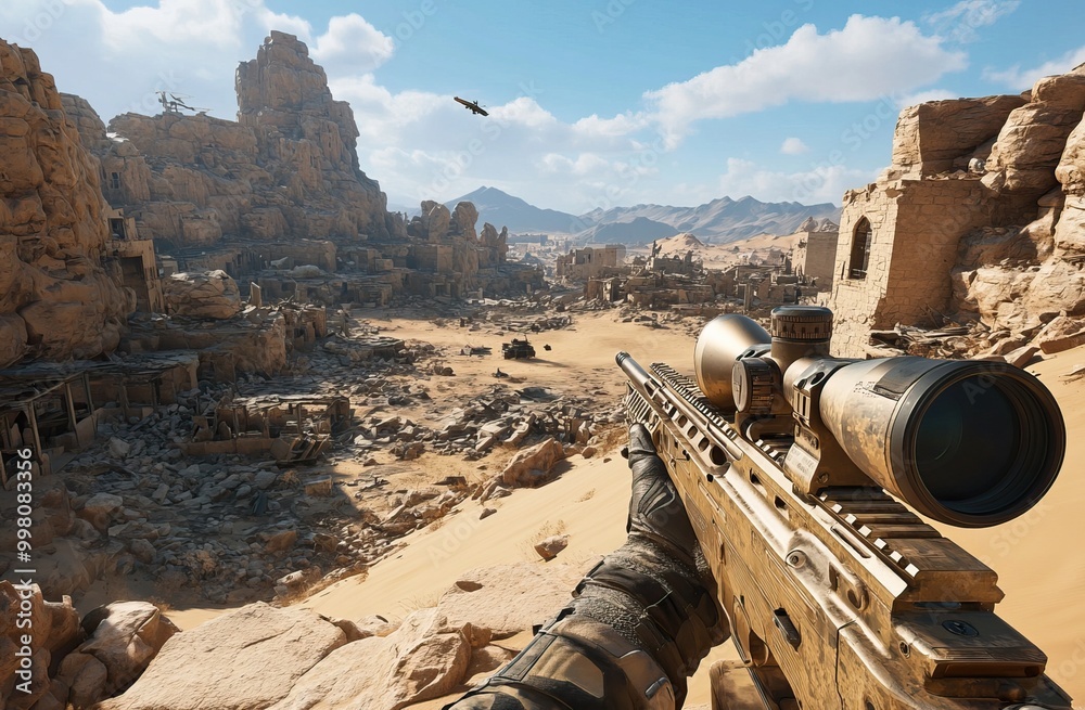 First-person shooter Video Game in a post-apocalyptic desert setting ...