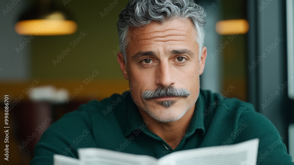 Middle aged man with a neatly trimmed mustache and salt and pepper hair ...