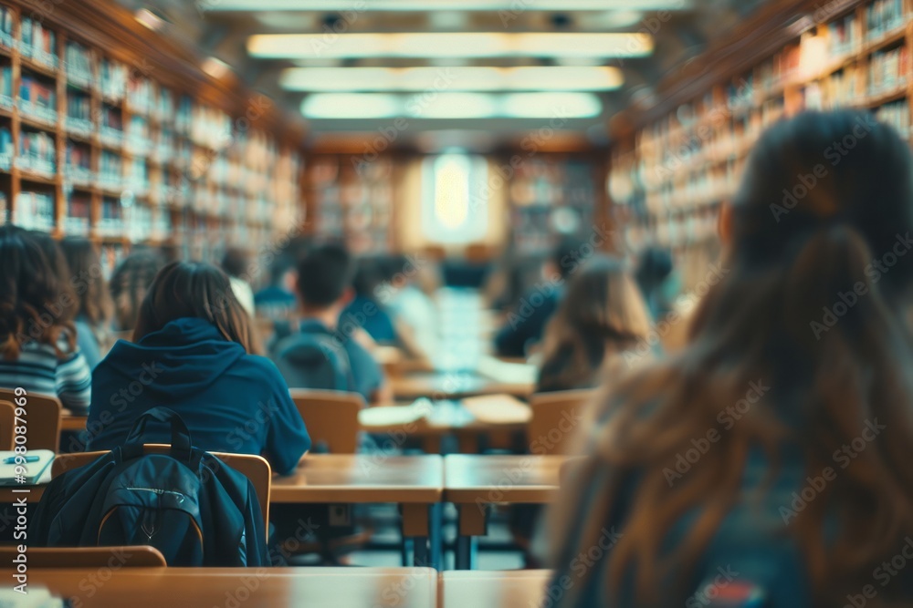 Pan the camera slowly across the crowded library, emphasizing the ...