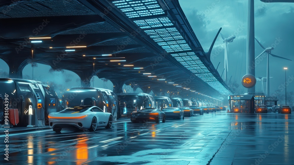 Depict a futuristic transport hub where electric and hydrogen-powered ...