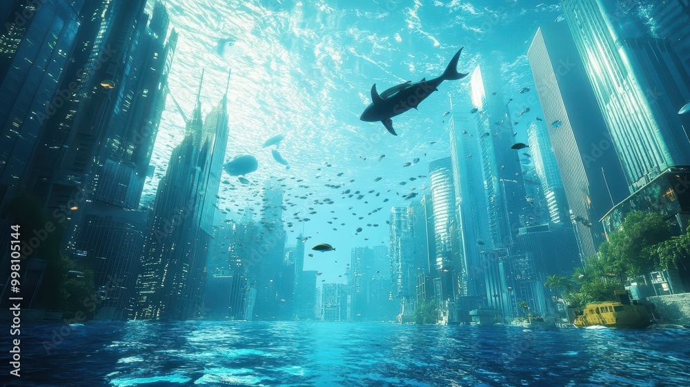 Modern Building office or city town is submerged the ocean sea and fish ...