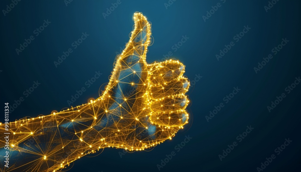 Digital thumb up icon in low poly design on blue background, customer ...