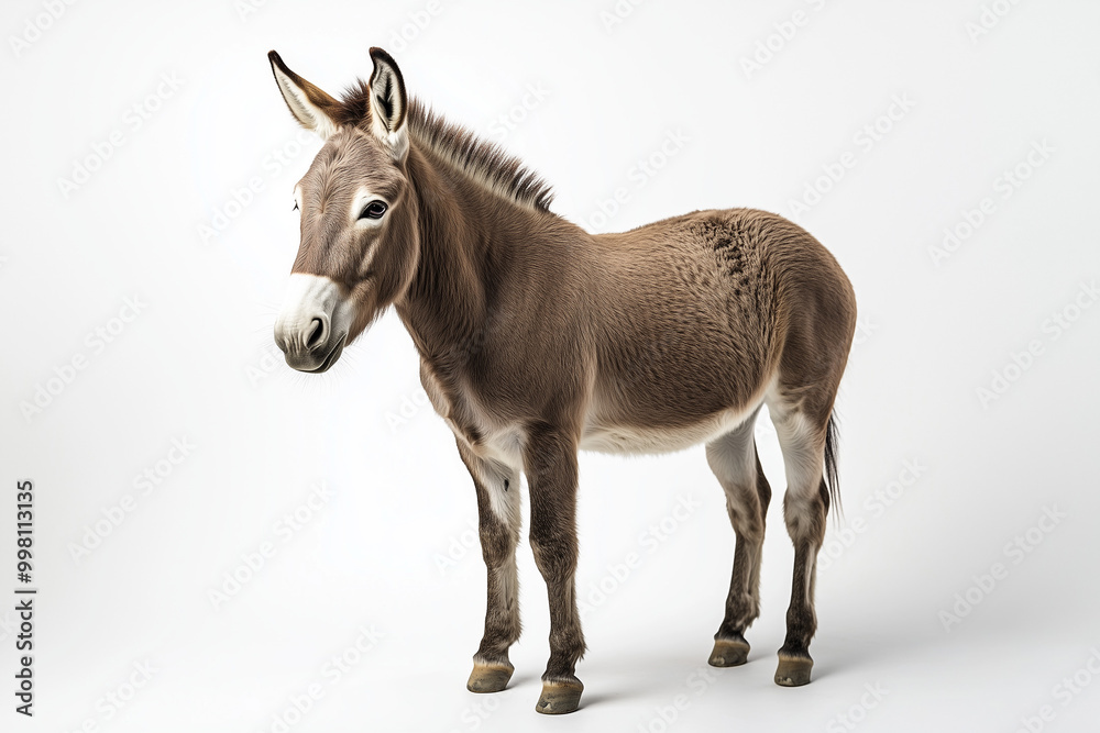 Donkey in Profile with Shaggy Coat A solitary donkey standing calmly ...