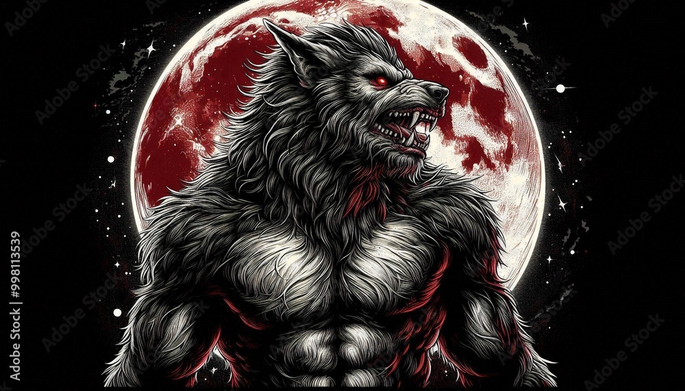 Ferocious werewolf under a blood moon, snarling with glowing red eyes ...
