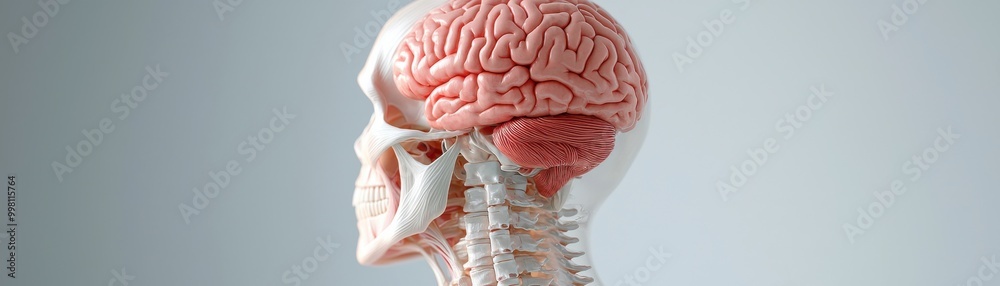 Detailed anatomical illustration of a human skull showcasing the brain ...