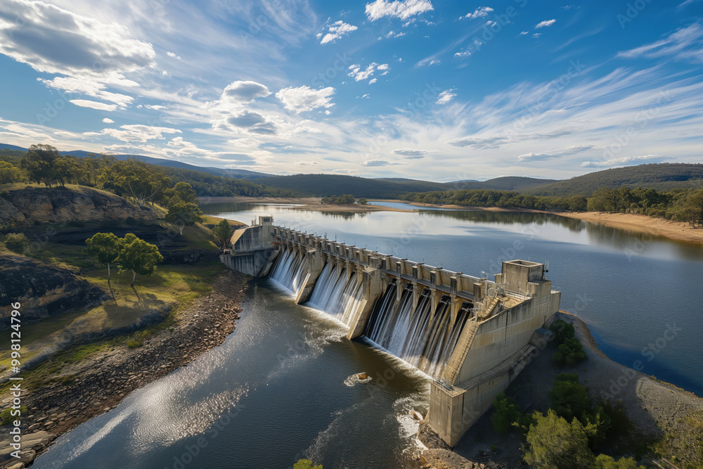 Hydroelectric power station dam releasing water into the river ...