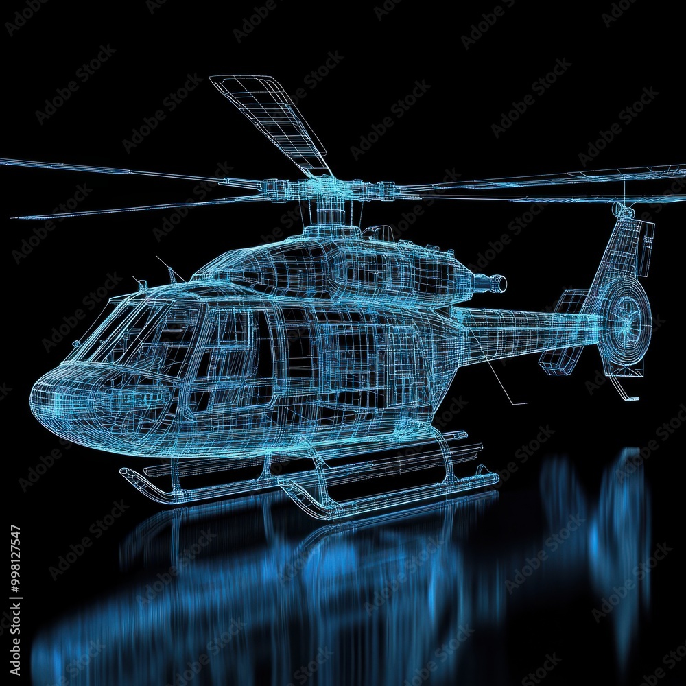 3d rendered xray blue transparent helicopter wire frame. chopper on the ...