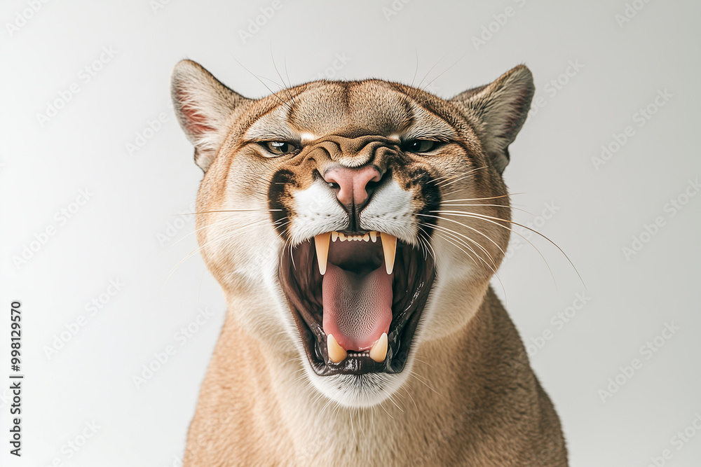 Mountain Lion Roaring with Open Mouth A close-up of a mountain lion mid ...