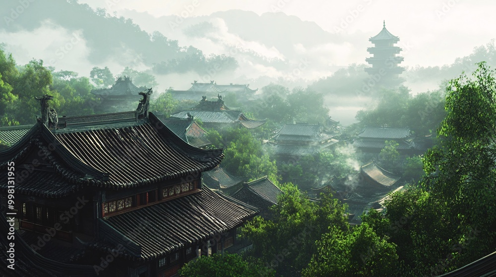 Misty morning in a chinese forest village with smoke rising from ...