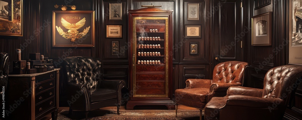 A vintage 1920s-inspired smoking room with dark wood paneling, a ...