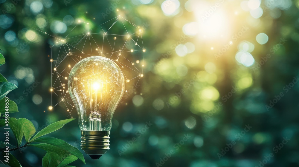 Green new deal: double exposure of light bulb and data chart ...