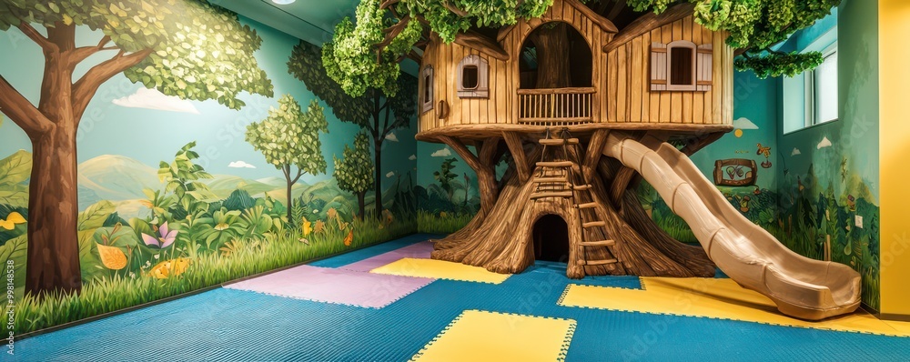 A whimsical childrena??s playroom with a giant indoor treehouse, walls ...