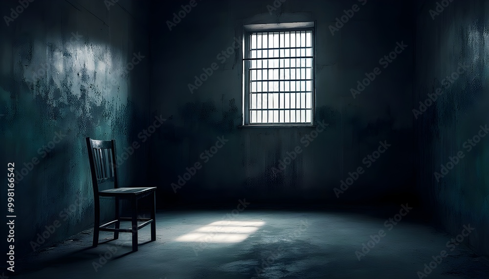 Isolated chair in a dim, forsaken prison cell with a beam of light ...