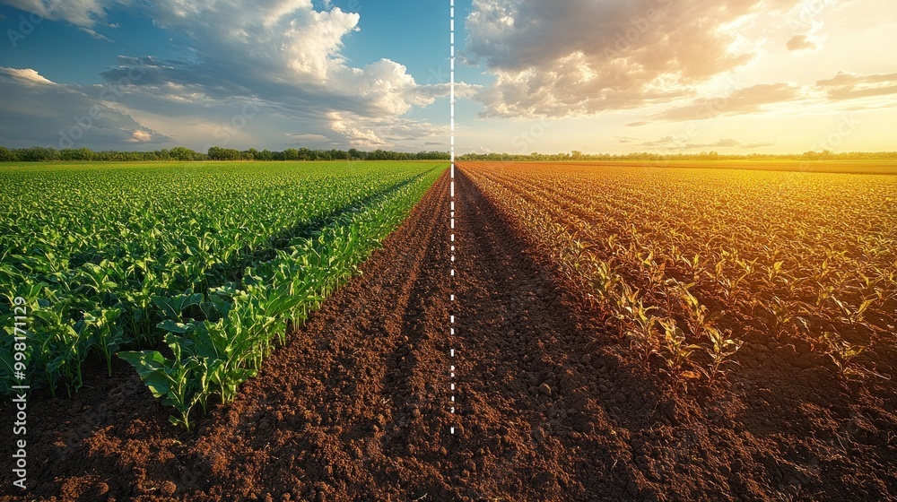 A field divided into two sections, one green with plants and the other ...