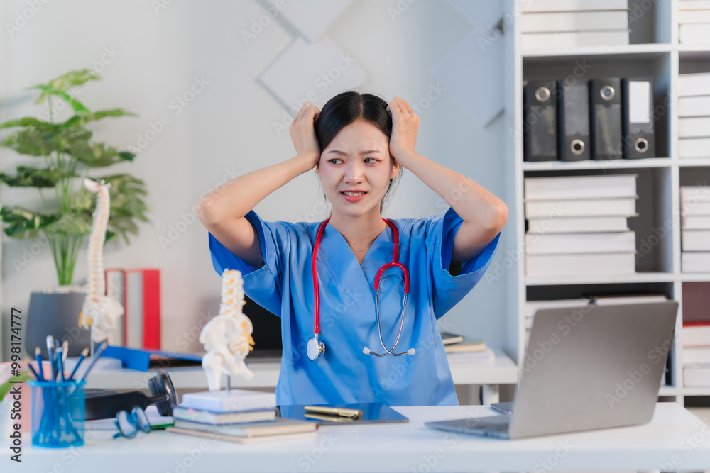 Stressed Doctor at Desk: A female doctor sits at her desk, hands on her ...