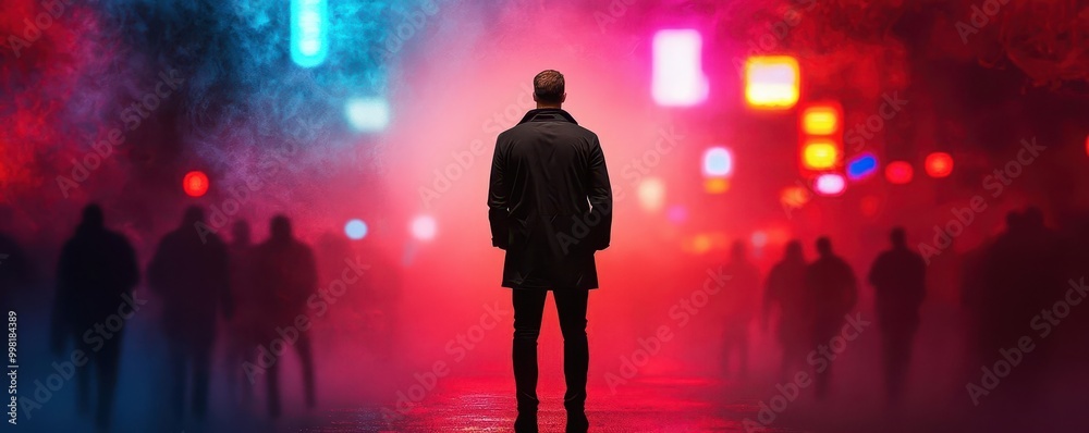 Man standing under a neon sign, surrounded by the rush of people in the ...