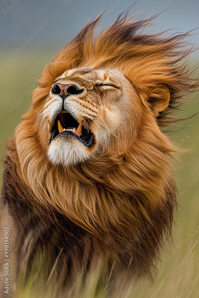 Lion roaring with its mane blowing in the wind Stock Photo | Adobe Stock